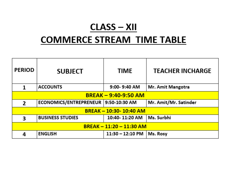 Class Xii Commerce Time Table | PDF