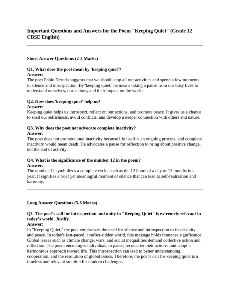 Grade 12 Poem Analysis Guide | PDF | Silence