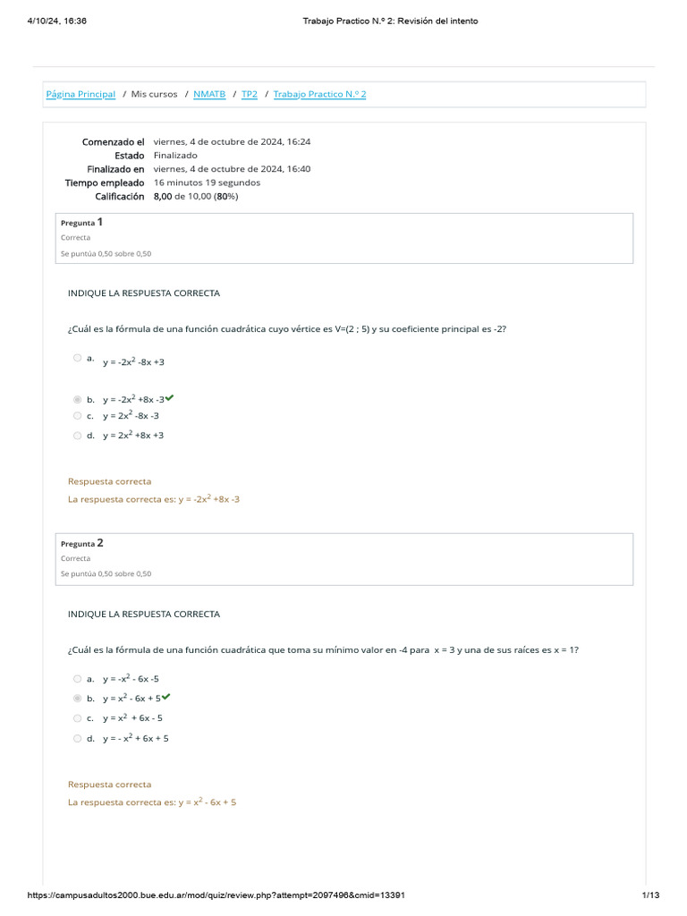 Trabajo Practico N.º 2 - Revisión Del Intento Matematicas B | PDF | Álgebra | Matemáticas
