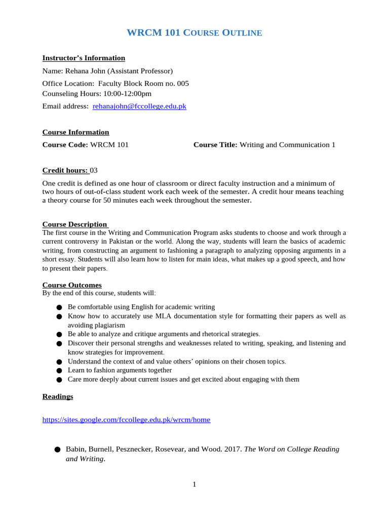 WRCM 101 Course Outline 2024-25 | PDF | Plagiarism | Essays