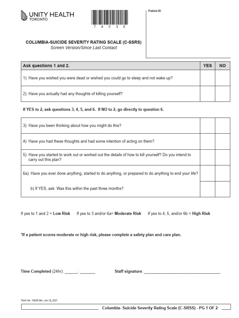 Columbia Suicide Risk Assessment | PDF | Suicide | Self Harm