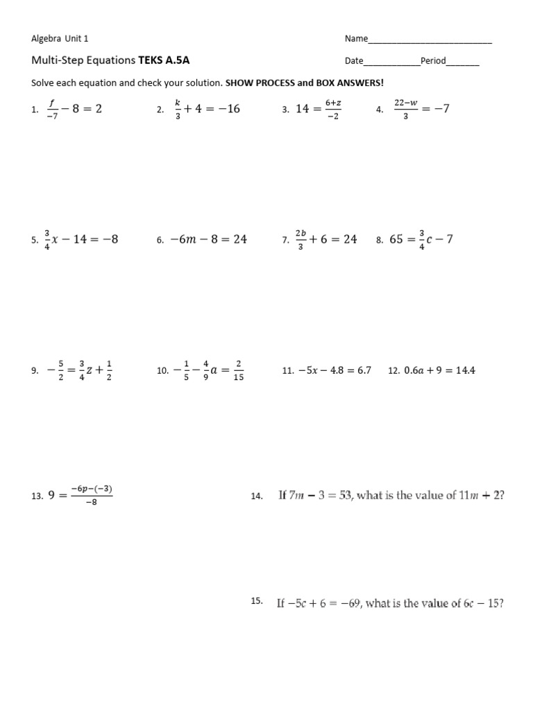 Multi-Step Equations Practice Worksheet | PDF