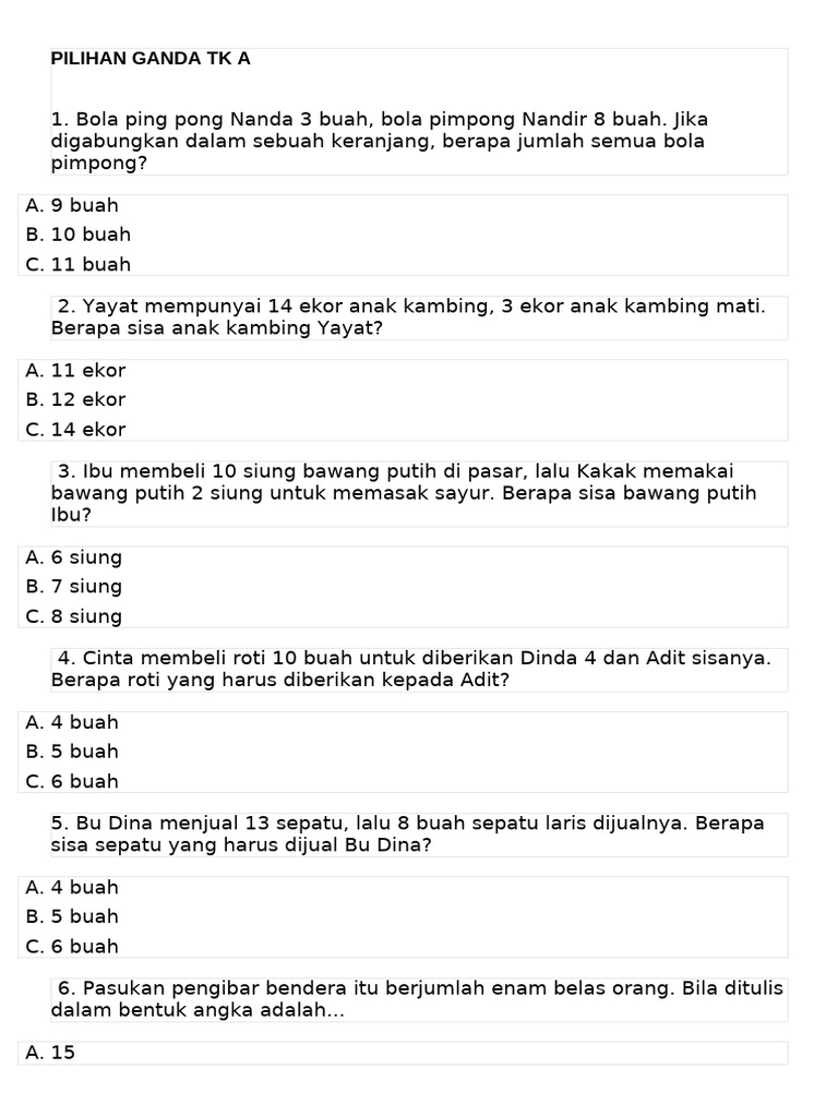 PILIHAN GANDA DAN SOAL CERITA TKB_1 | PDF