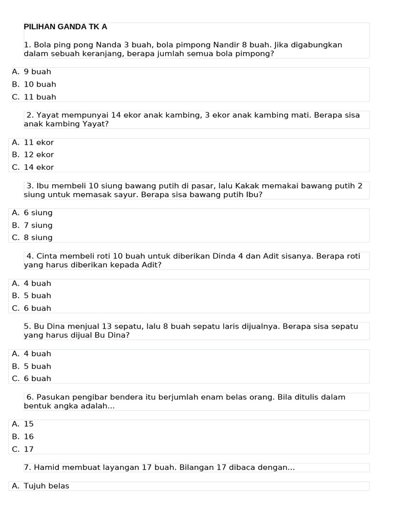 PILIHAN GANDA DAN SOAL CERITA TKB | PDF
