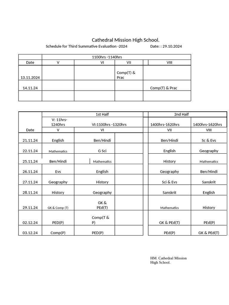 Cathedral Mission High School 2024 Evaluation Schedule | PDF