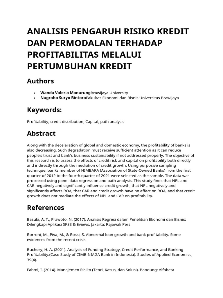 Analisis Pengaruh Risiko Kredit Dan Permodalan Terhadap Profitabilitas Melalui Pertumbuhan ...