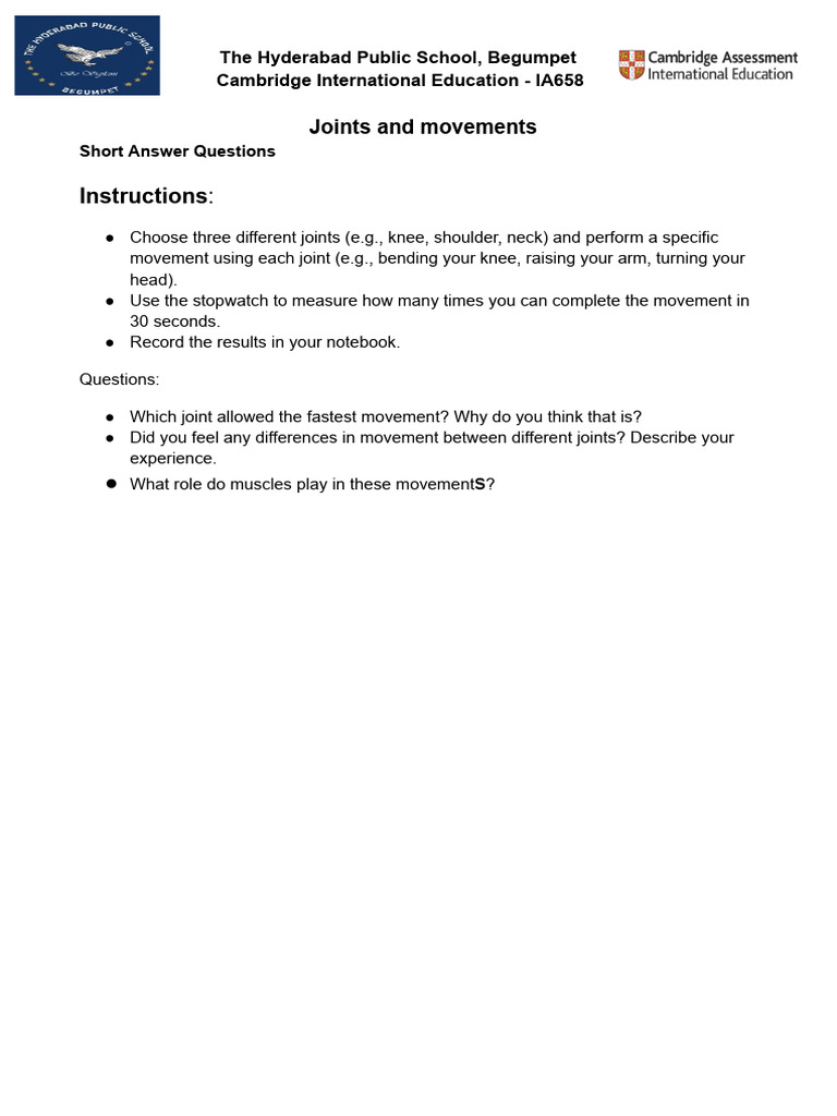 Practice Papers - Joints and Movements | PDF