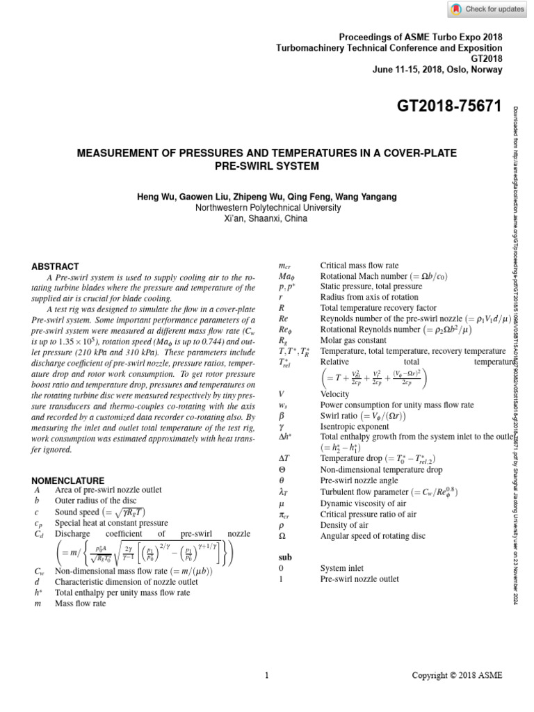 Measurement of Pressures and Temperatures in A Cover-Plate Pre-Swirl ...