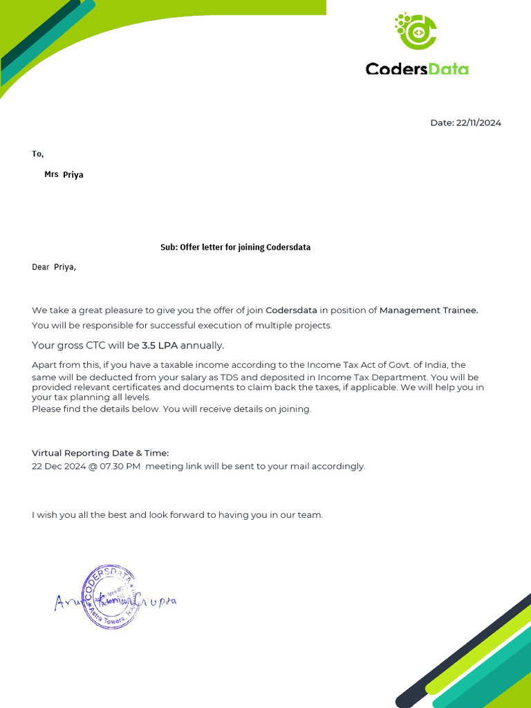 Offer Letter Priya PDF | PDF