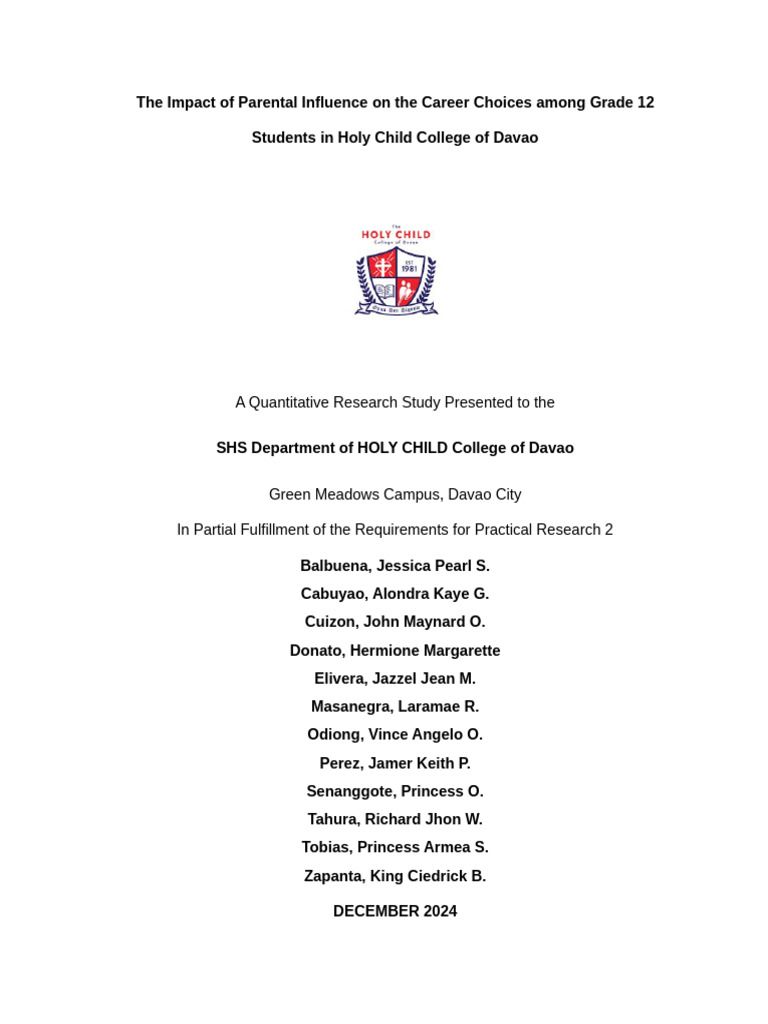 Parental Influence On Grade 12 Career Choices Pdf Survey
