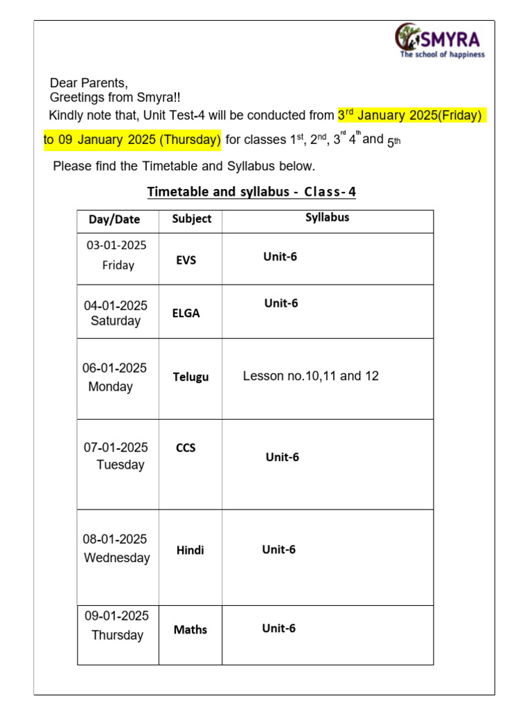 Class-4 FA 4 Time Table | PDF