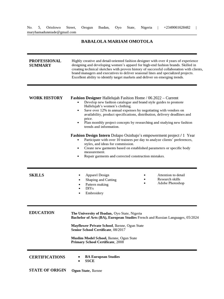 Mariam's Professional CV | PDF | Fashion Design | Clothing
