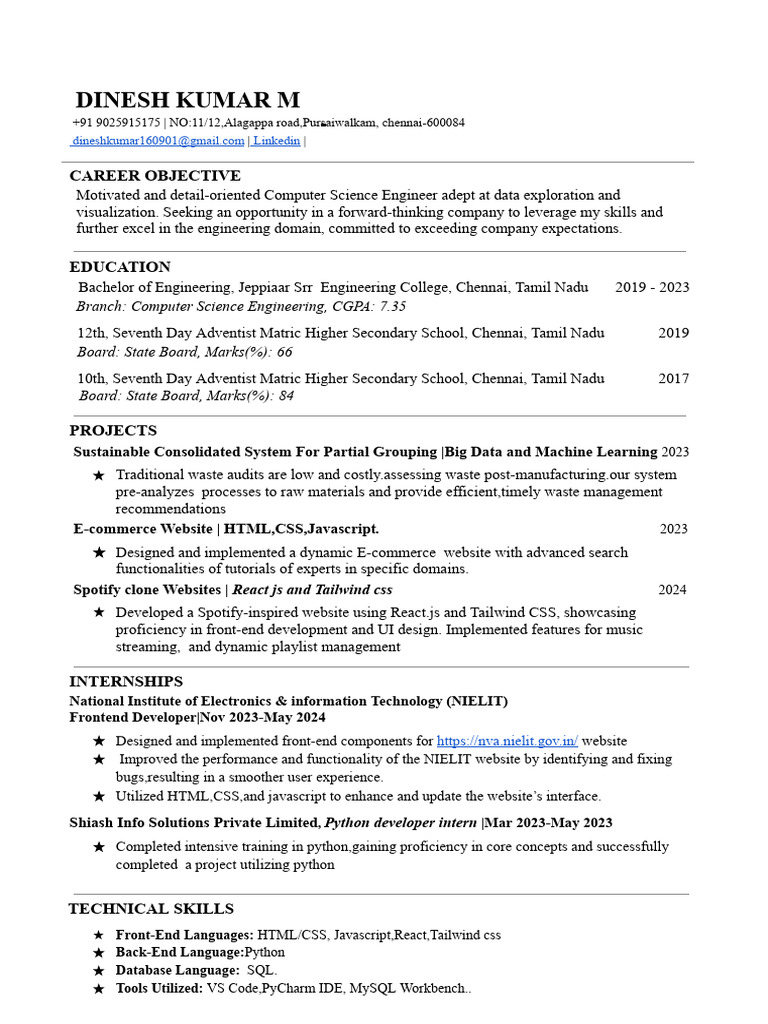 Dinesh Kumar Resume 1 1 | PDF | Java Script | Computer Science