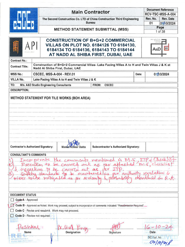 RCV-TSC-MSS-A-004 - R-01 MSRA Method Statement of Tile Works (BOH Area) - CODE B | PDF