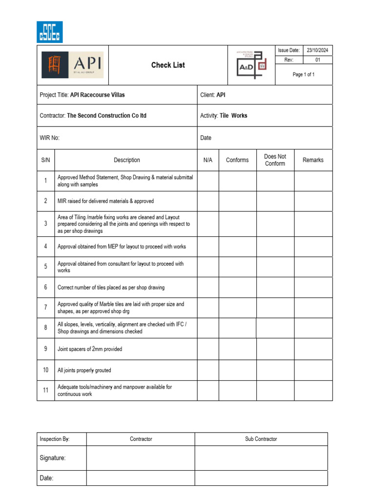 Checklist for Tile works-MSS-A-004-R-01 | PDF
