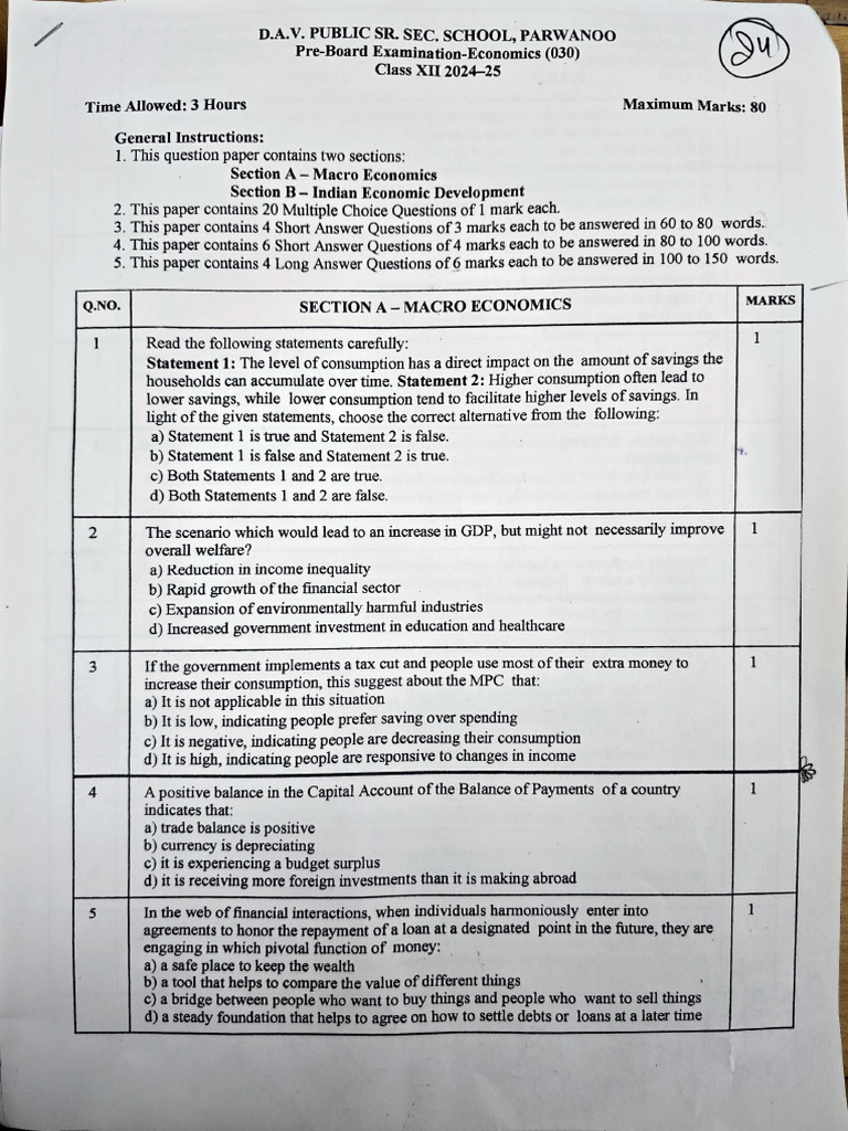 Economics Pre-Board DAV Parwanoo Dec 2024 | PDF | Consumption ...