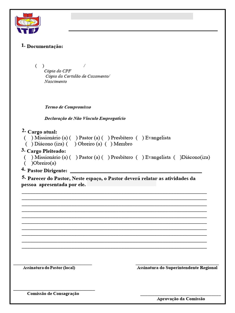 Ficha de Consagração Ministerial ITEJ | PDF | Evangelismo | Igreja cristã