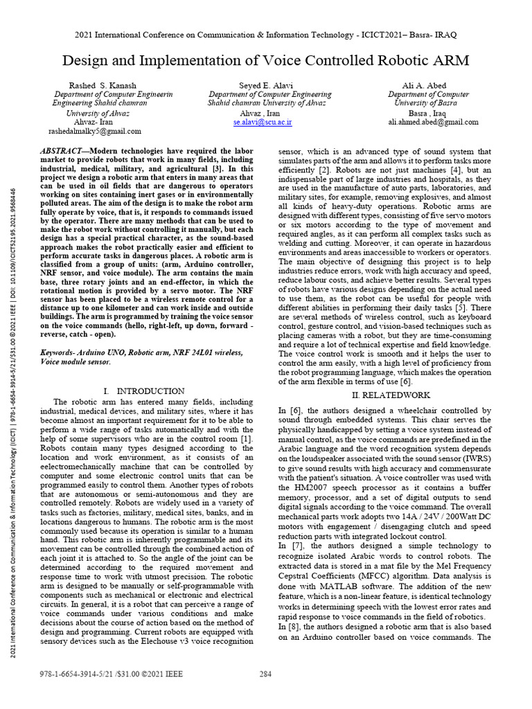 Design and Implementation of Voice Controlled Robotic ARM | PDF | Robotics | Speech Recognition
