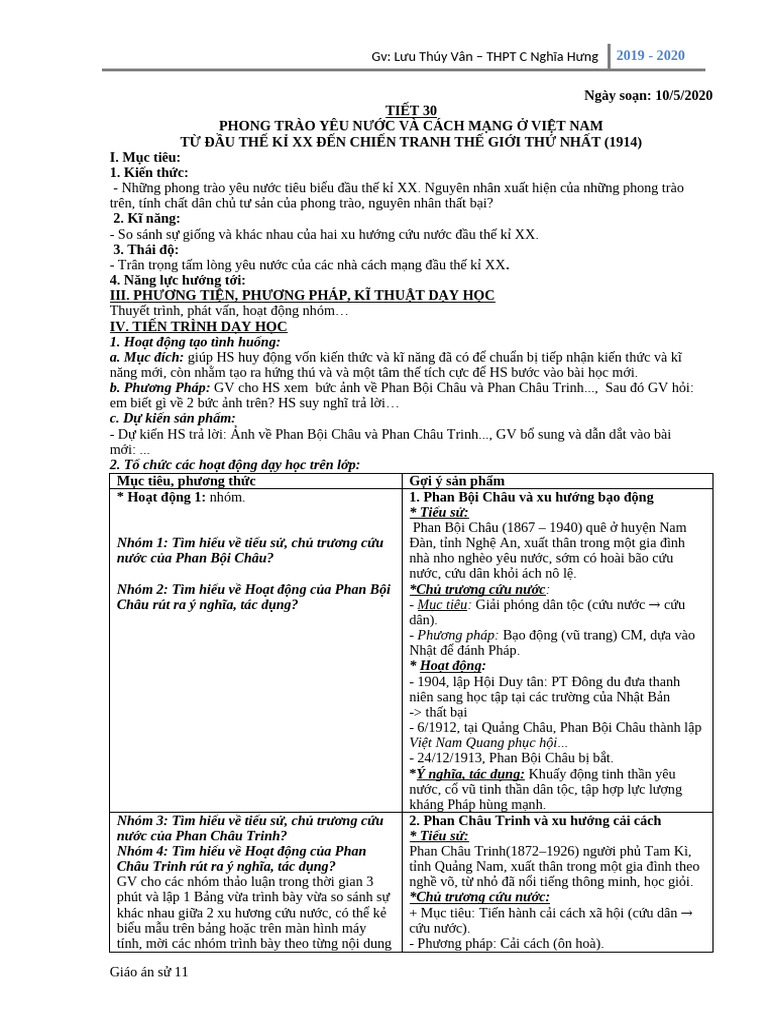 tiết 30 phong trào yêu nước và cách mạng VN đầu TK XX hết CTTG I | PDF
