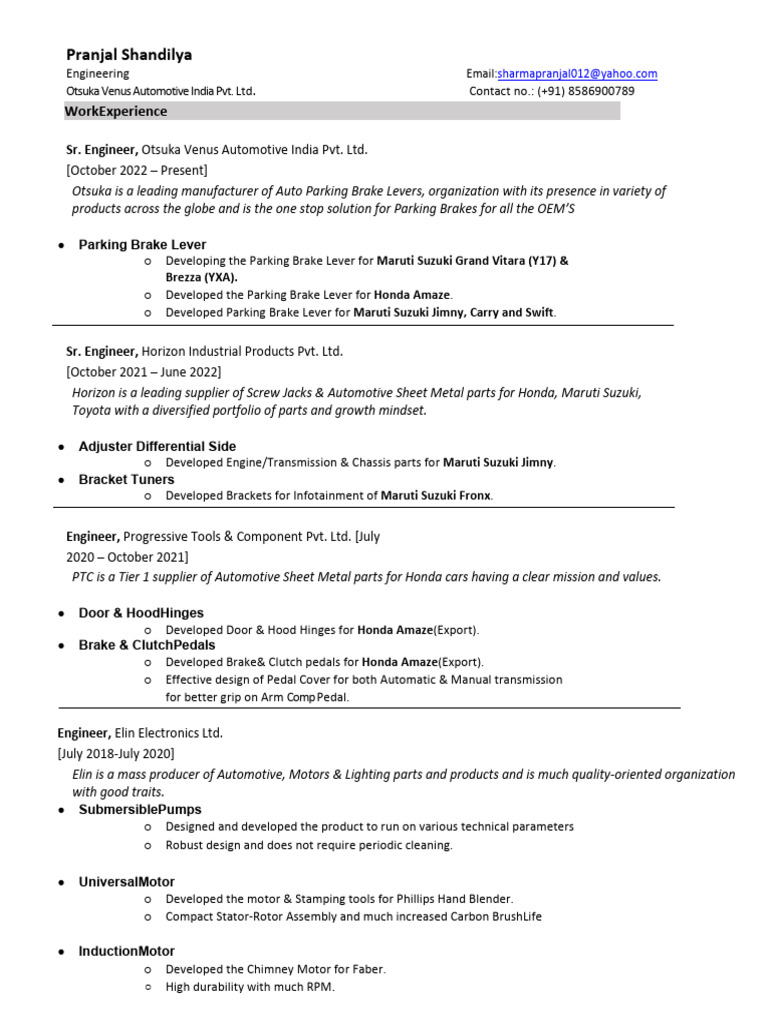 Pranjal Shandilya: Automotive Engineering Experience | PDF | Car Body Styles | Wheeled Vehicles