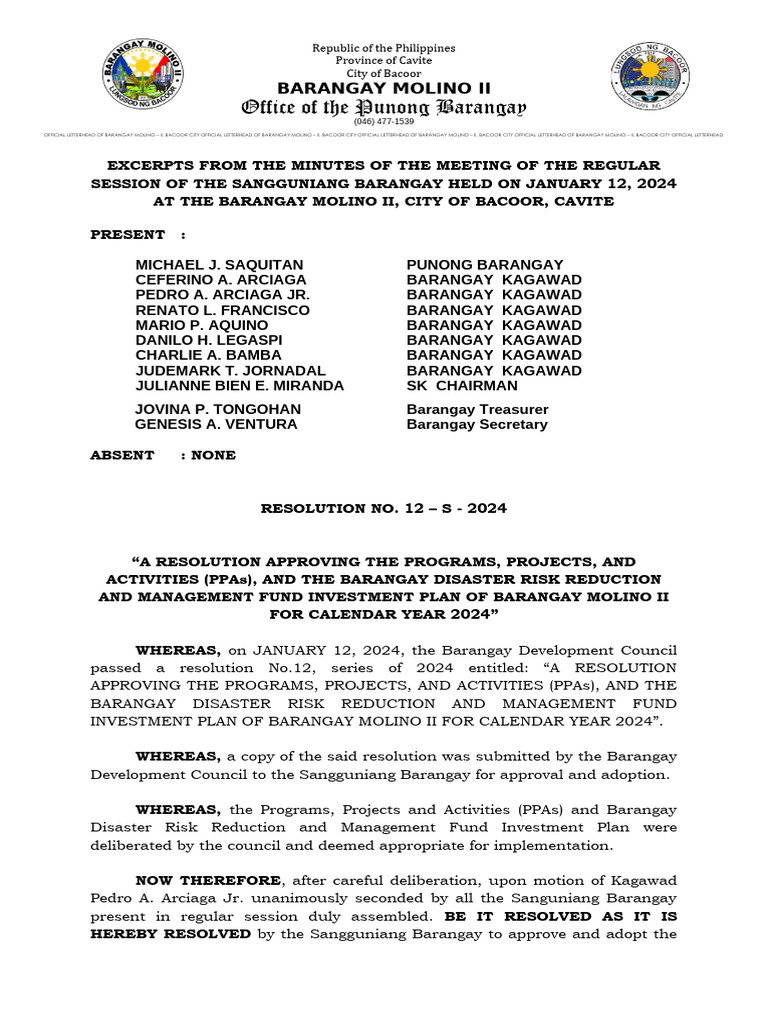 Resolution Approving PPAs and BDRRMFIP - SB | PDF