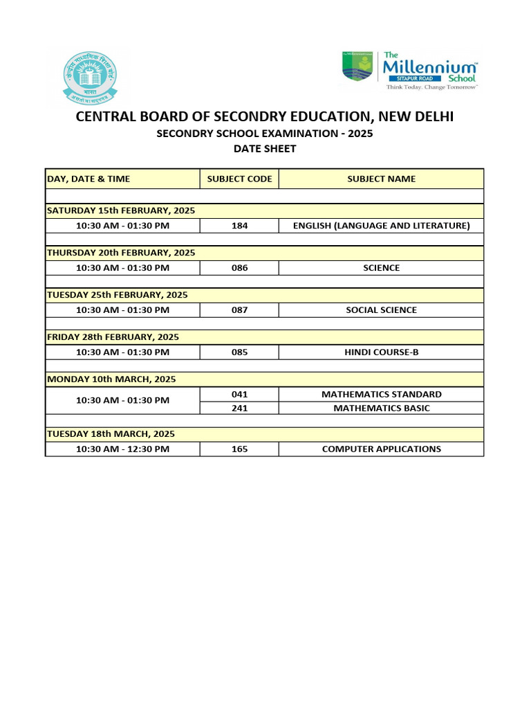 Customised Date Sheet - 2025 Exam - X | PDF