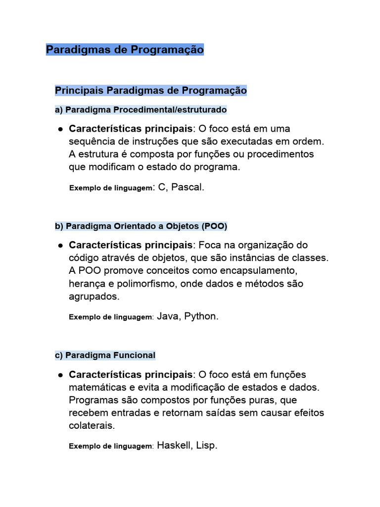 Tipos de Paradigmas de Programação | PDF | Paradigmas de programação ...