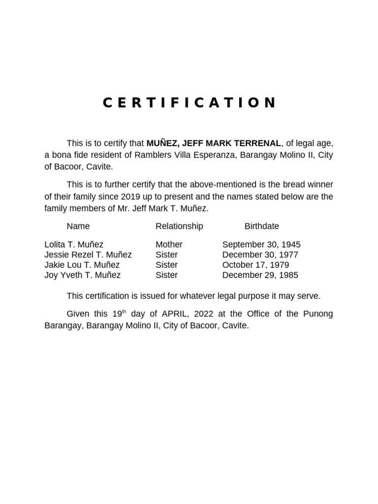 Family Breadwinner Certification Forms | PDF