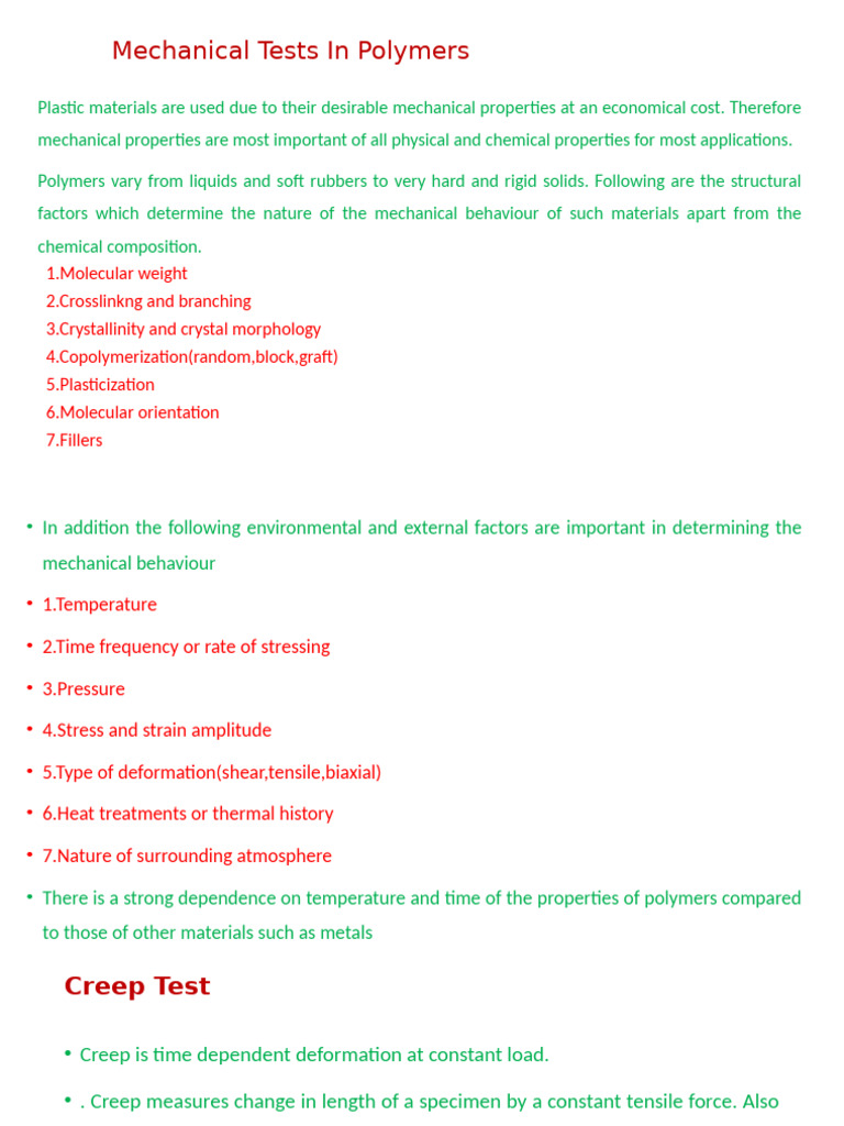 Polymer Mechanical Testing Guide | PDF | Creep (Deformation) | Stress ...