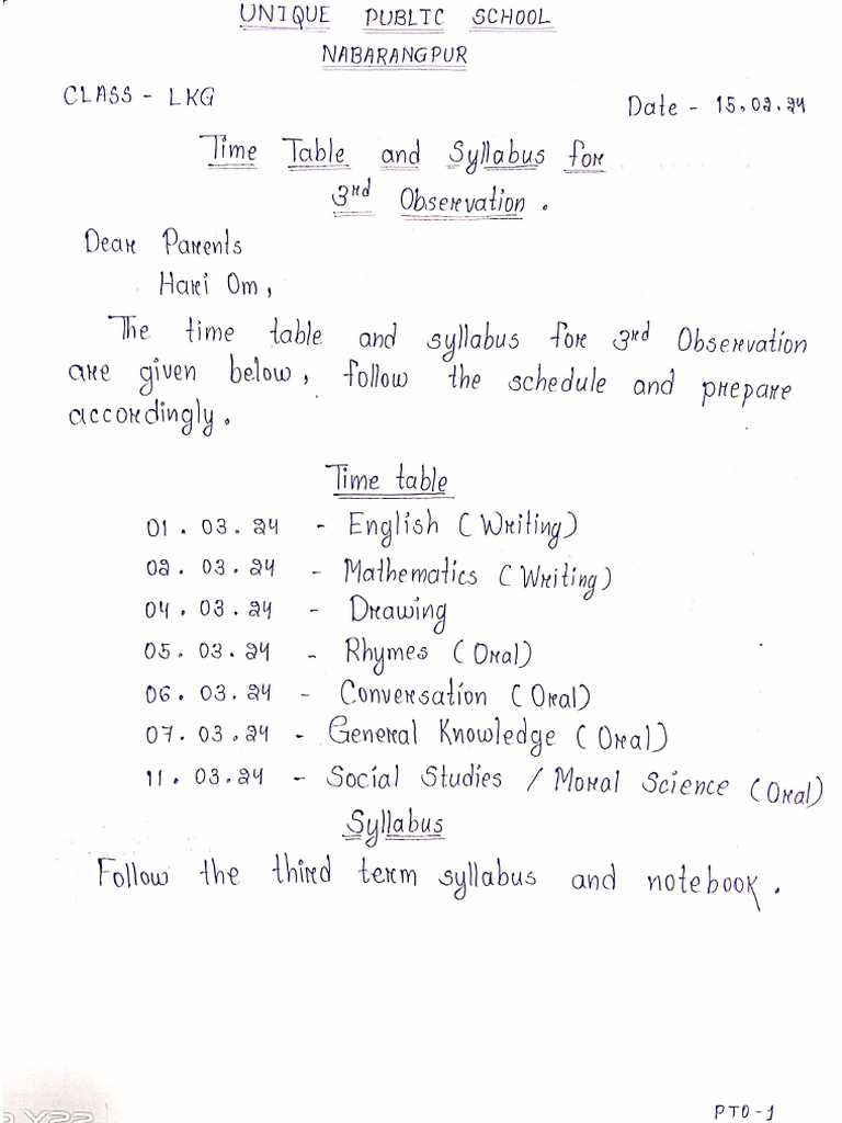 Time Table and Syllabus For 3rd Observation Class - LKG | PDF