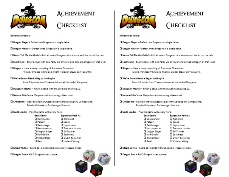 Dungeon Roll Achievement Checklist (Ink Saver) | PDF | Gary Gygax Games ...
