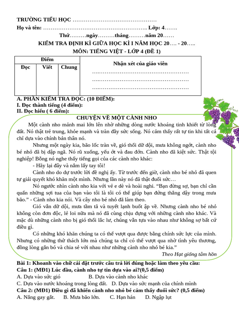 3 Đề KT CK1 - Lớp 4 Môn TV | PDF