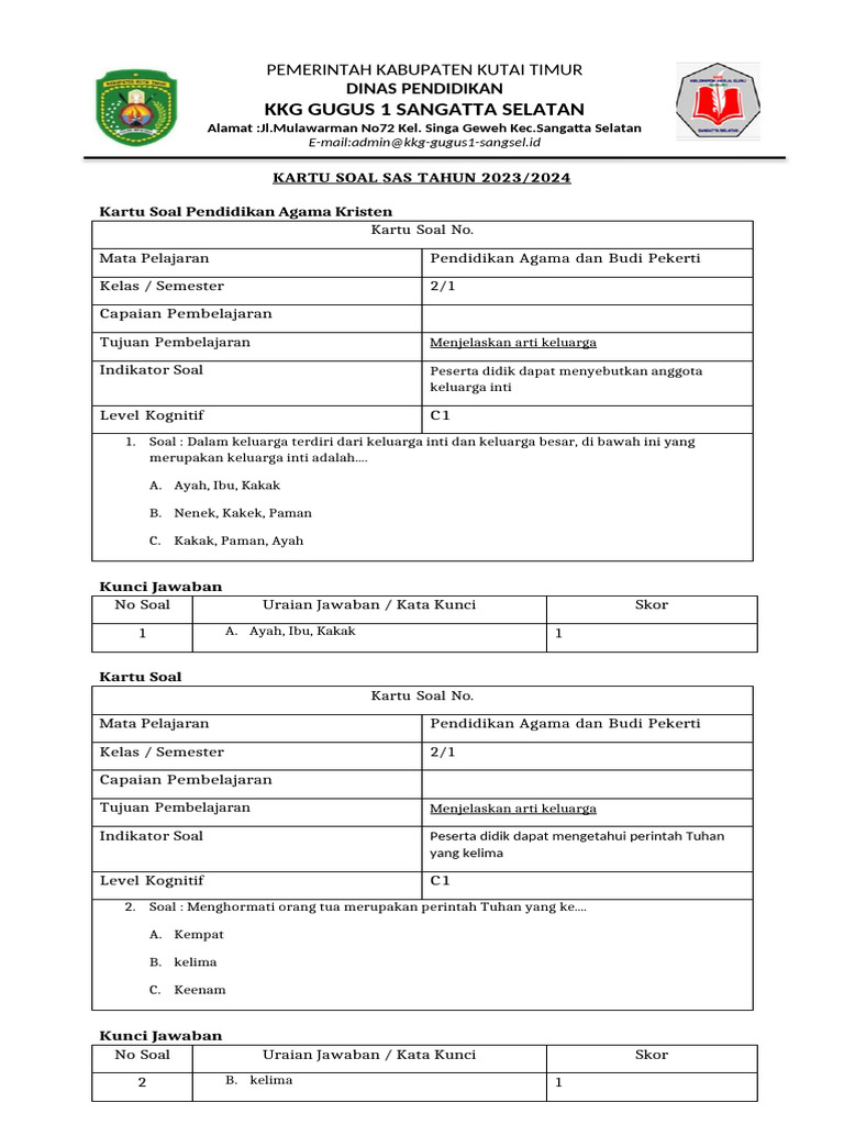 Kartu Soal Kelas 2 SAS | PDF