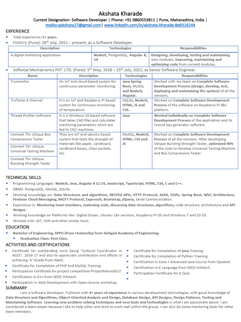 Akshata Kharade - Resume - V11 | PDF | Java (Programming Language) | Computer Programming