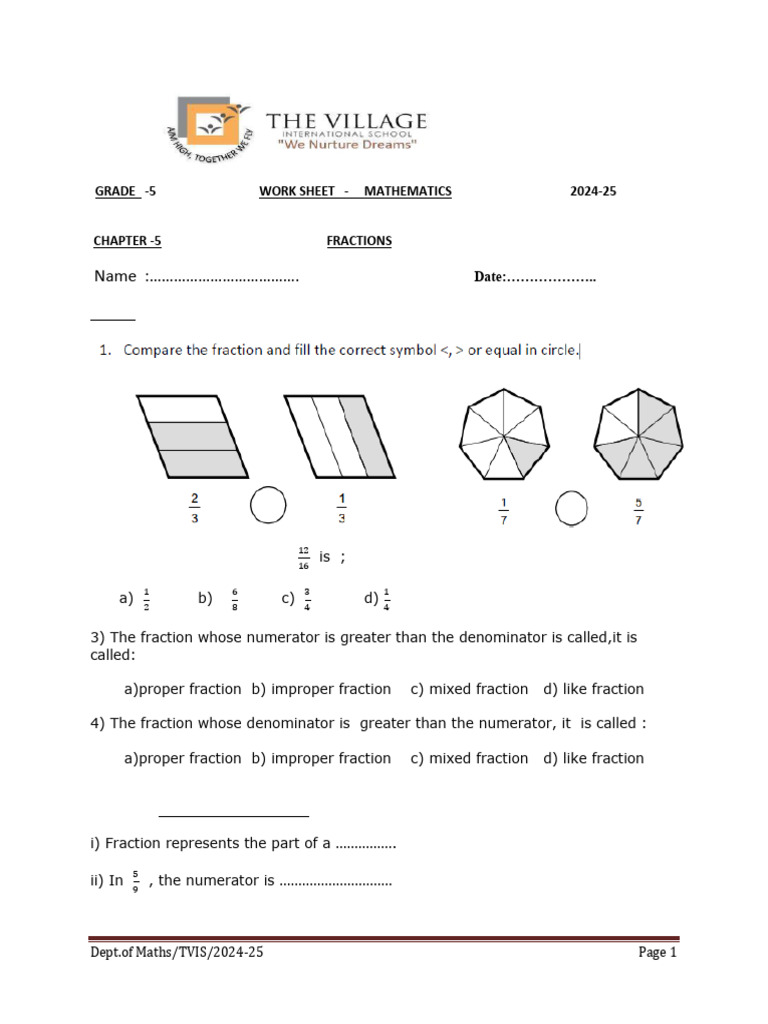 Class 5 Mathematics: Fractions Worksheet | PDF | Elementary Mathematics ...