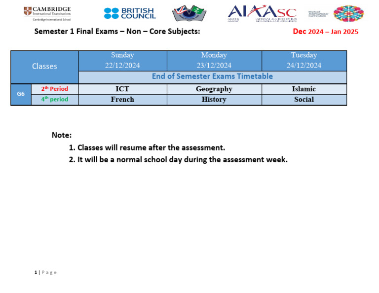 G6 - Sem1 - Final Exams TimeTable For Non-Core Subject | PDF