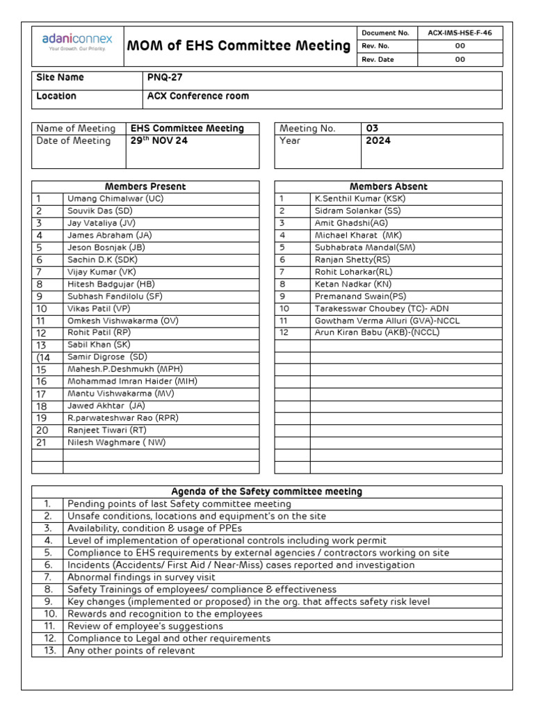 EHS Committee Meeting Minutes - Nov 2024 | PDF