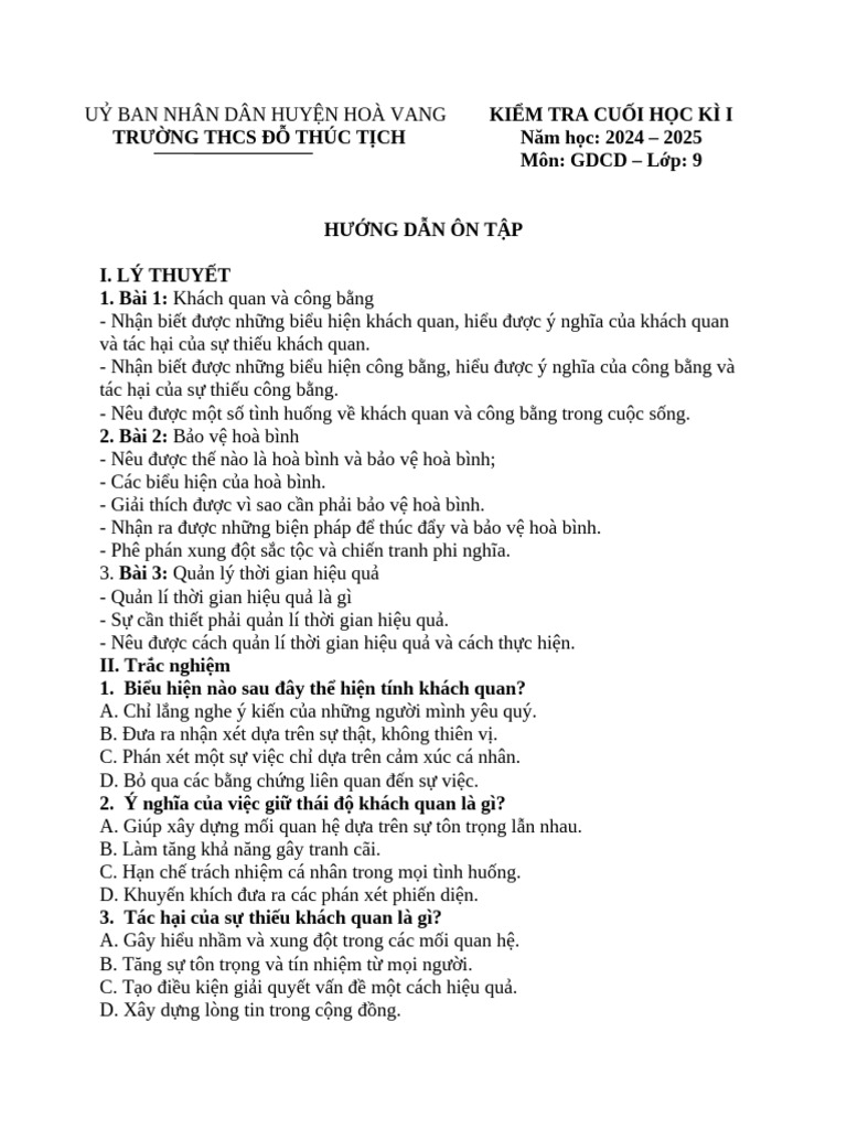 ĐỀ CƯƠNG ÔN TẬP - GDCD 9 | PDF