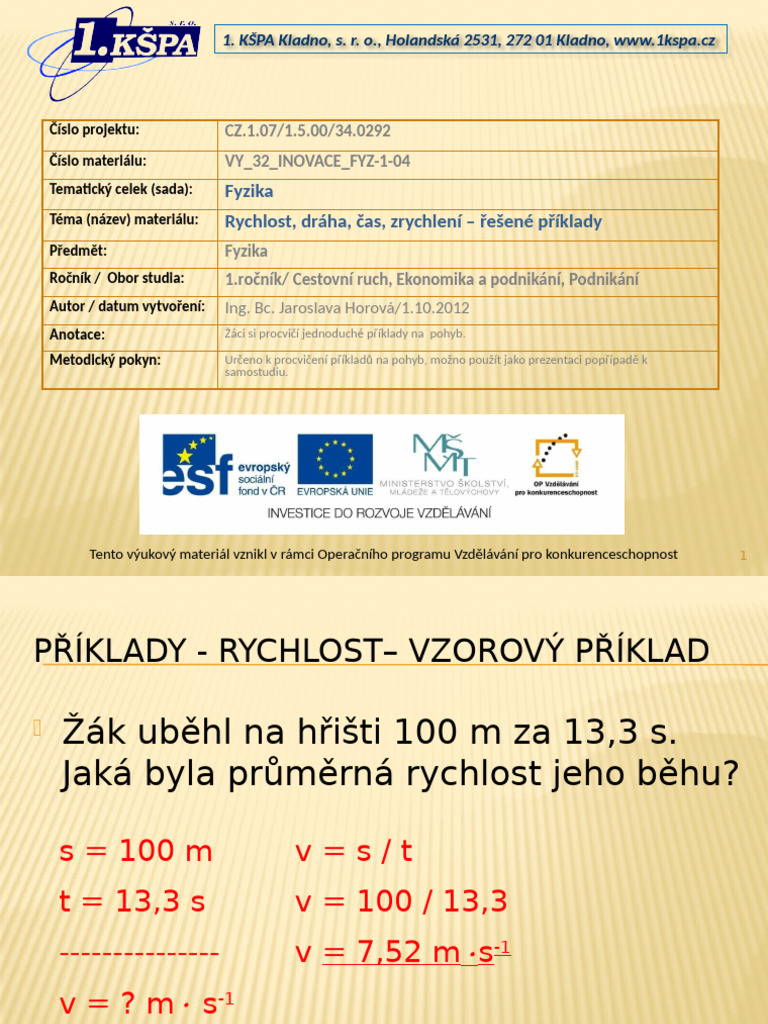 04 FYZ Rychlost Draha Cas Resene Priklady | PDF