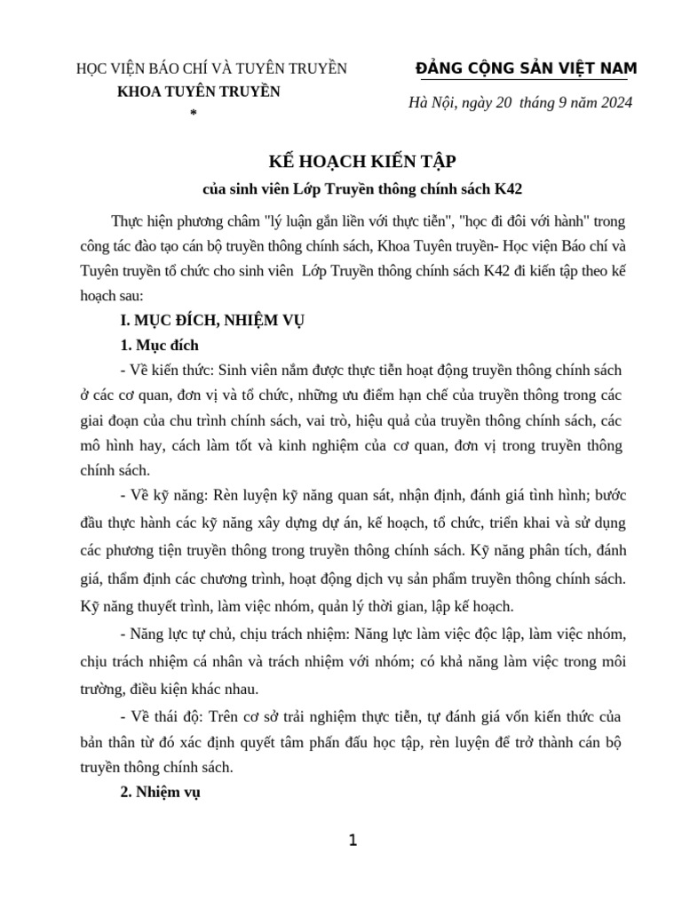 Kê hoạch kiến tập TTCS K42 | PDF