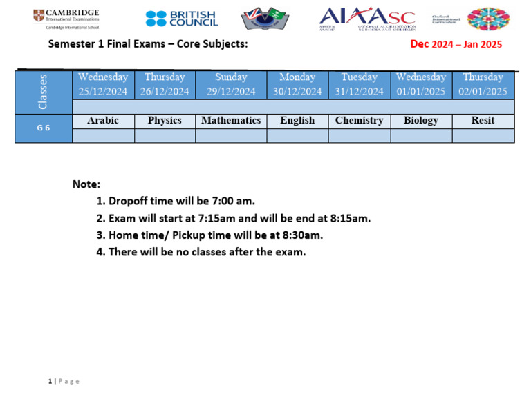 G6 - Sem1 - Final Exams TimeTable for Core Subject | PDF
