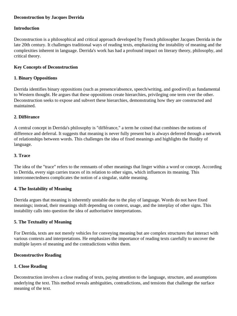 Derrida's Deconstruction Explained | PDF | Deconstruction | Jacques Derrida