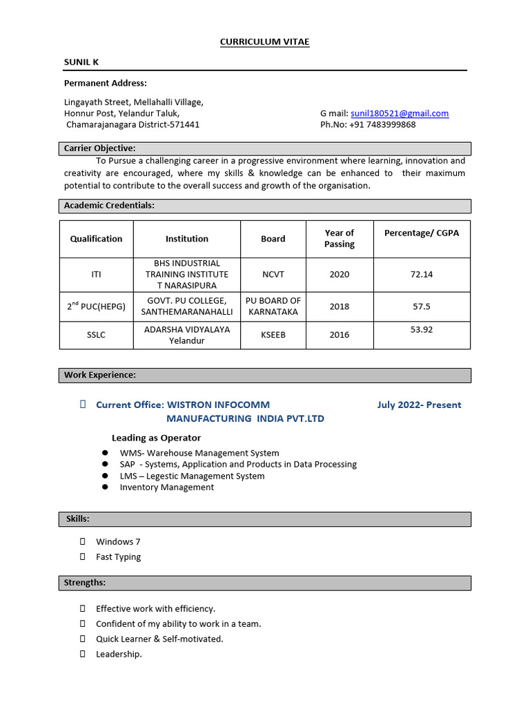 sunil resume | PDF | Learning | Cognition