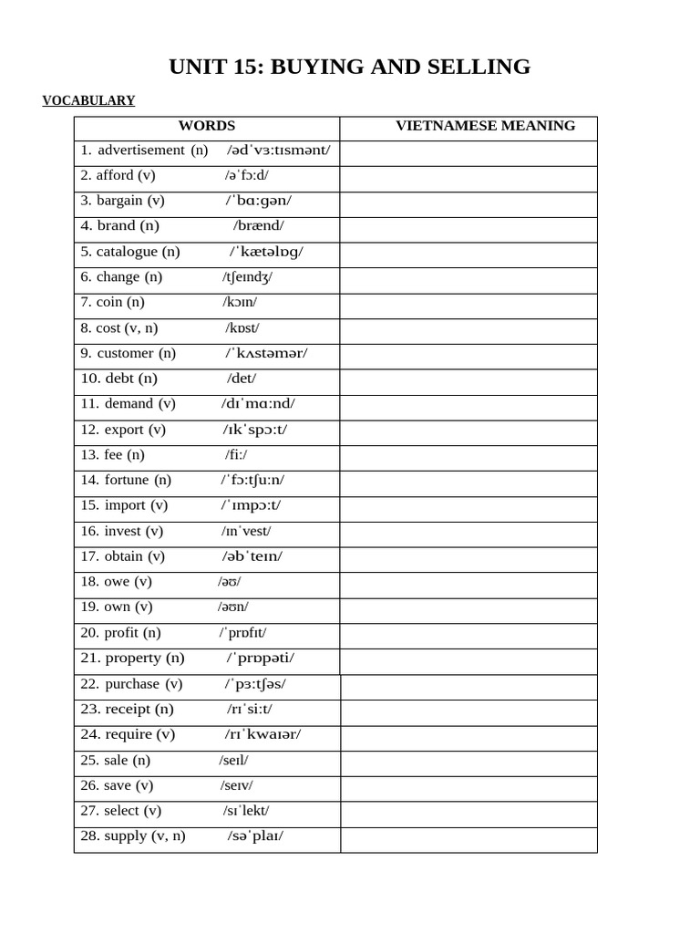 Buying and Selling Vocabulary Guide | PDF | Business | Money