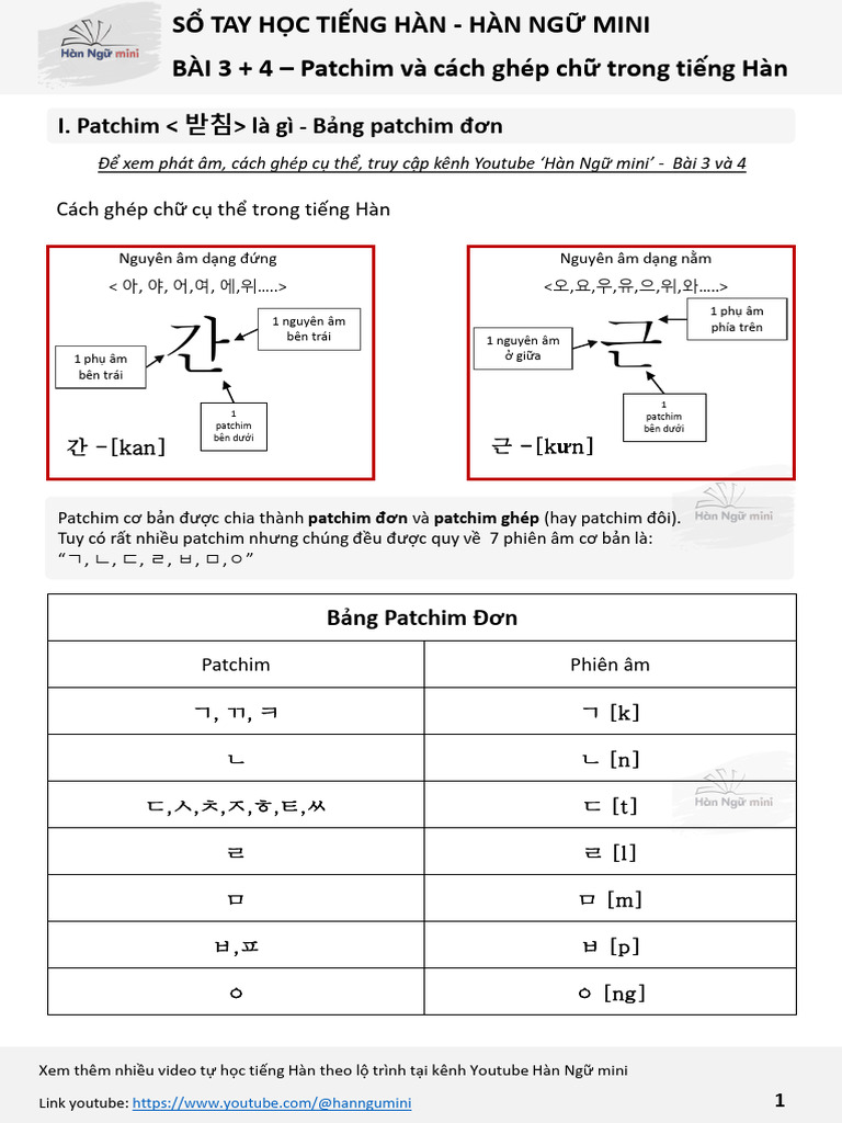Sổ Tay Học Tiếng Hàn Bài 3 Và 4 - Patchim (HNMNSC - 240101) | PDF