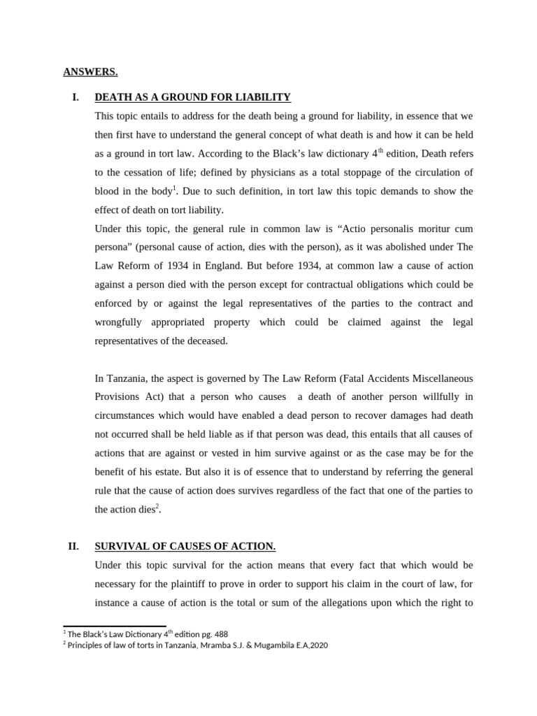 Death Effect As Tortious Liability | PDF | Tort | Cause Of Action