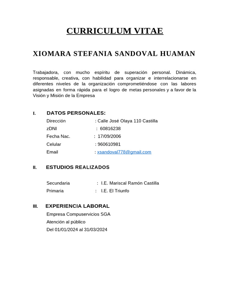 CV de Xiomara Sandoval: Experiencia y Educación | PDF