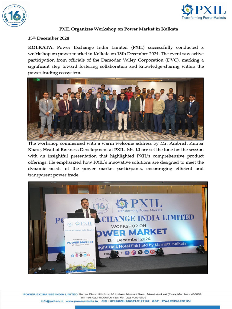 PXIL Organizes Workshop On Power Market in Kolkata | PDF