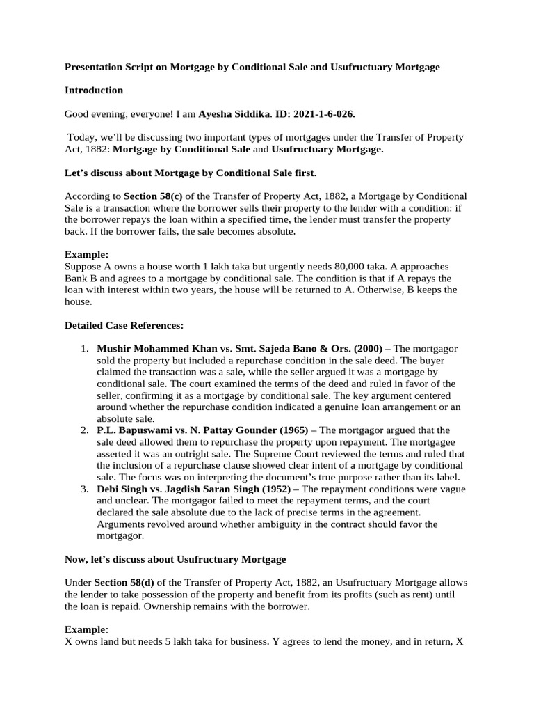 Conditional Sale vs Usufructuary Mortgage | PDF | Mortgage Law | Mortgages