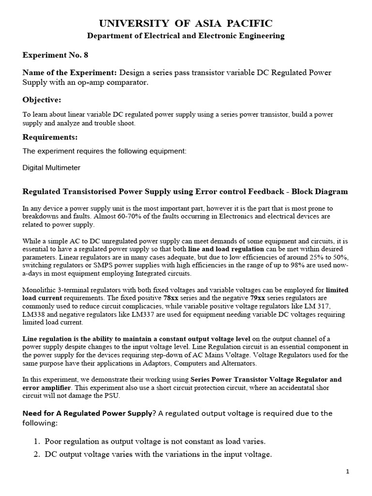 EXPERIMENT 8-Variable DC Regulated PSU With LM741 | PDF